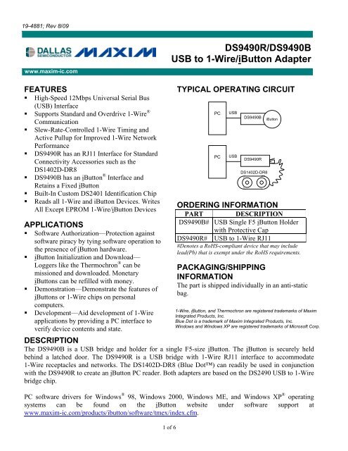 DS9490R/DS9490B USB to 1-Wire/iButton Adapter