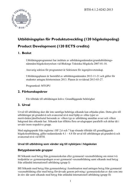 Utbildningsplan (pdf) - Blekinge Tekniska HÃ¶gskola