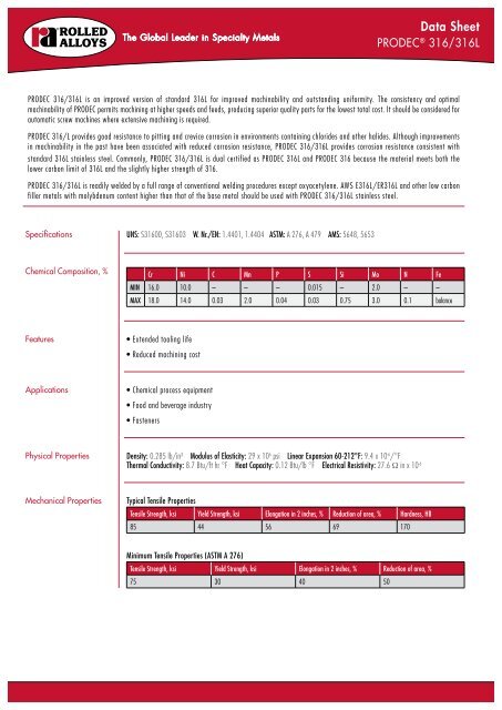 Prodec® 316/316L Data Sheet - Rolled Alloys