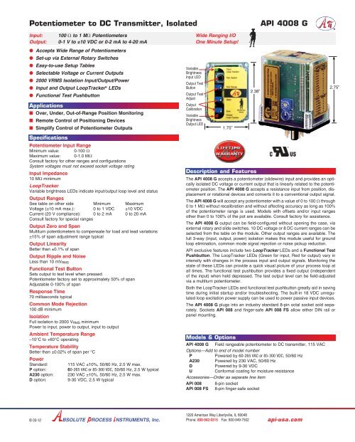Potentiometer to DC Transmitter, Isolated API 4008 G
