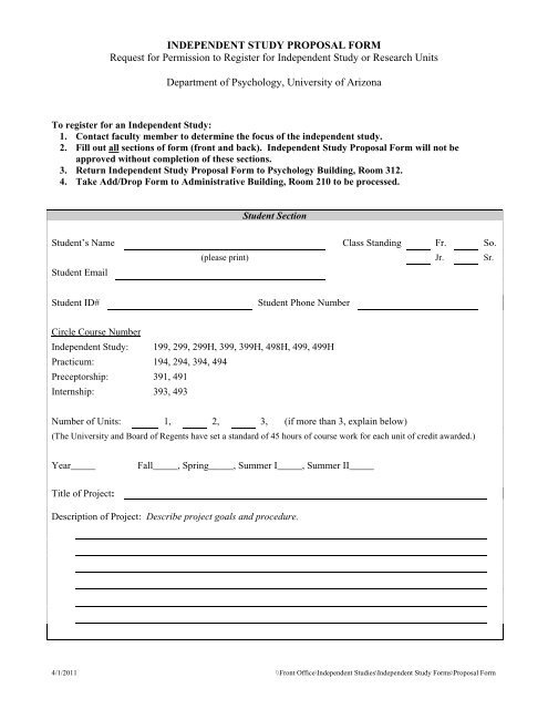 INDEPENDENT STUDY PROPOSAL FORM - University of Arizona