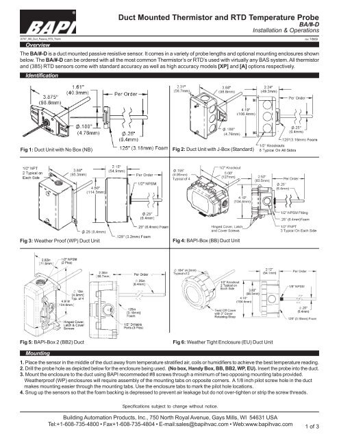 Duct Mounted Thermistor and RTD Temperature Probe - BAPI