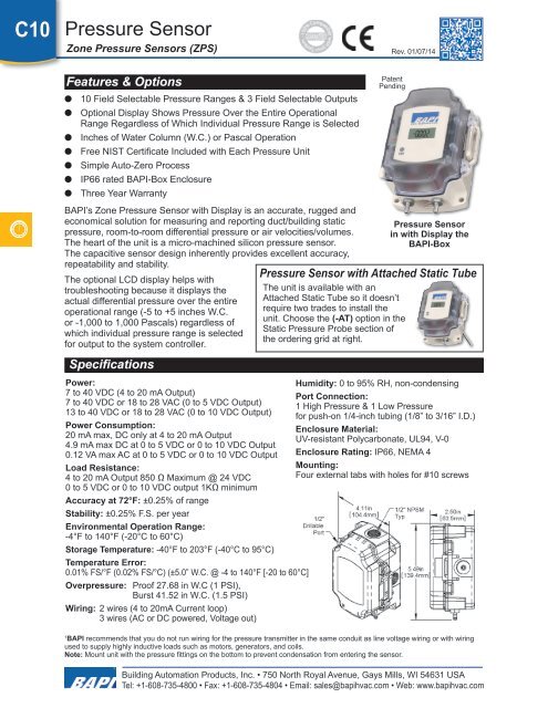 Pressure Sensor - BAPI