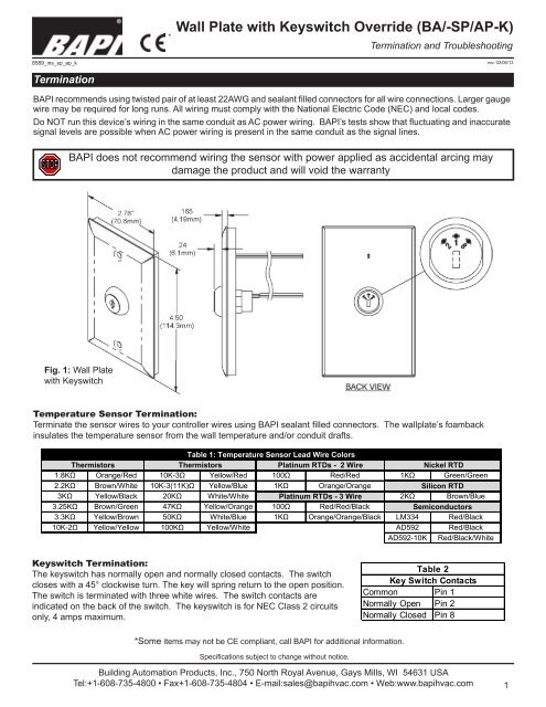 Wall Plate Sensors with Keyswitch Override Instructions - BAPI