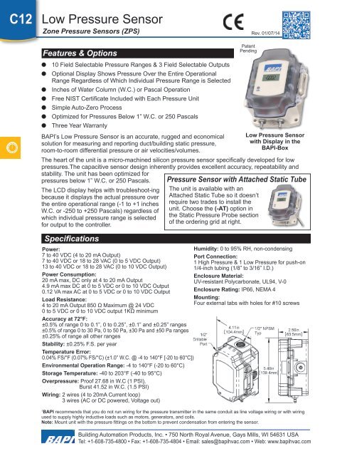 Low Pressure Range - BAPI
