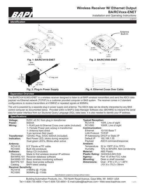 Wireless Receiver W/ Ethernet Output BA/RCVxxx-ENET - BAPI