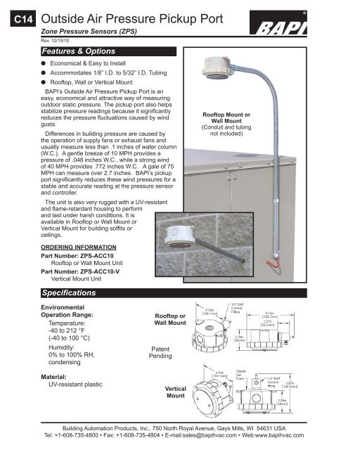 Outside Air Pressure Pickup Port - BAPI