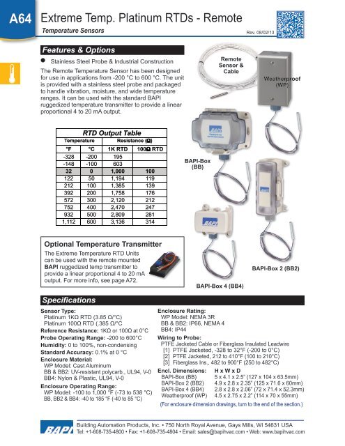 Immersion Extreme Temp RTD Remote Datasheet for Submittal - BAPI
