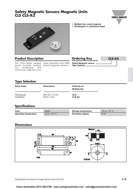 Safety Magnetic Sensors Magnetic Units CLS CLS-A2 - Carlo Gavazzi