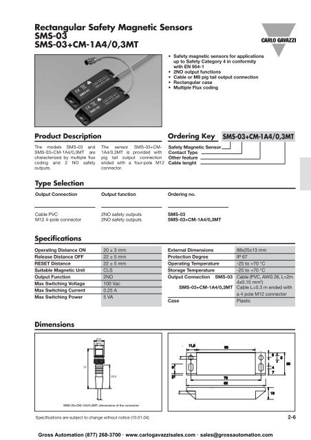 Rectangular Safety Magnetic Sensors SMS-03 SMS ... - Carlo Gavazzi