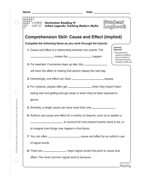 Comprehension Skill: Cause and Effect (Implied) - Houghton Mifflin ...