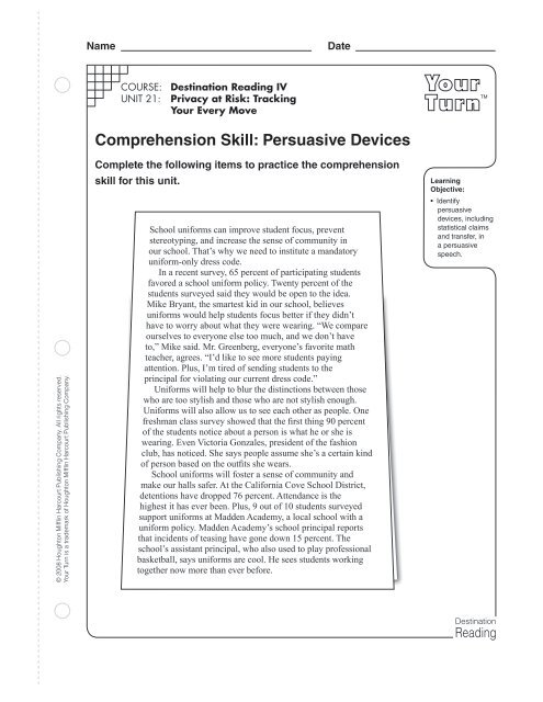 Comprehension Skill: Persuasive Devices - Houghton Mifflin Harcourt