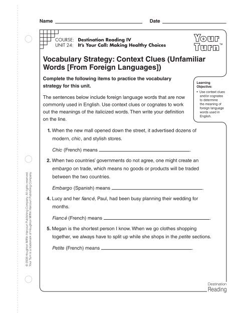 Vocabulary Strategy: Context Clues (Unfamiliar Words - Houghton ...