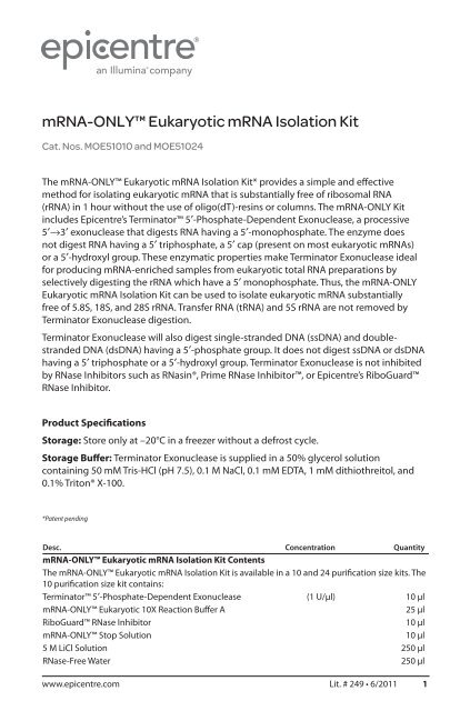 Protocol for mRNA-ONLYâ ¢ Eukaryotic mRNA Isolation Kit