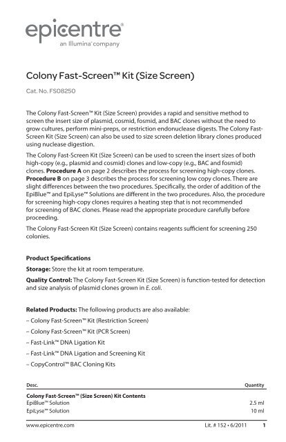 Protocol for Colony Fast-Screenâ ¢ Kit (Size Screen)