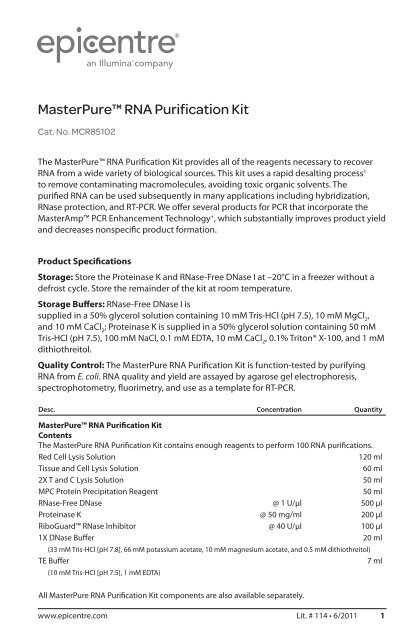 Protocol for MasterPureâ ¢ RNA Purification Kit