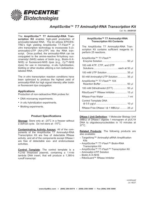 Protocol for AmpliScribe™ T 7 Aminoallyl-RNA Transcription Kit