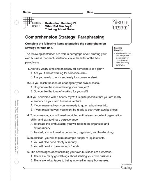 Comprehension Strategy: Paraphrasing - Houghton Mifflin Harcourt