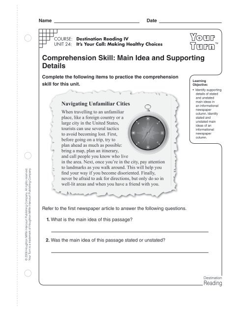 Comprehension Skill: Main Idea and Supporting Details - Houghton ...
