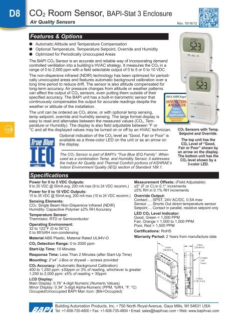 CO2 Sensor for Periodically Occupied Rooms for Submittal - BAPI