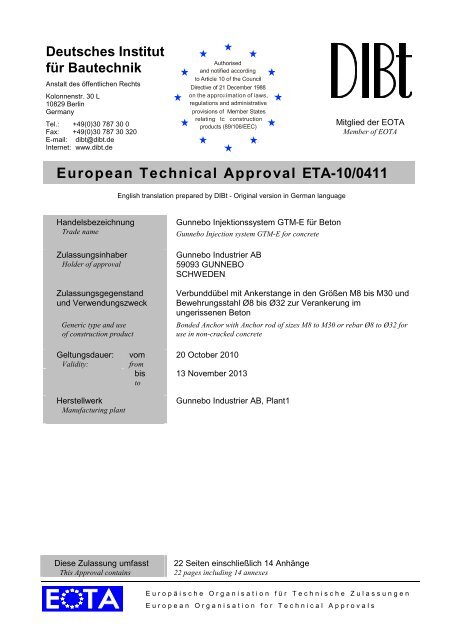 European Technical Approval ETA-10/0411 - Gunnebo Industries