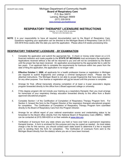 RESPIRATORY THERAPIST LICENSURE INSTRUCTIONS