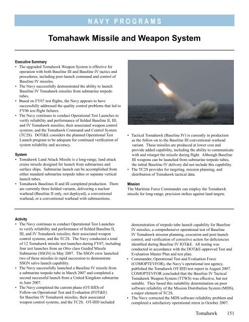 Navy PROGRaMS Tomahawk Missile and Weapon System - DOT&E
