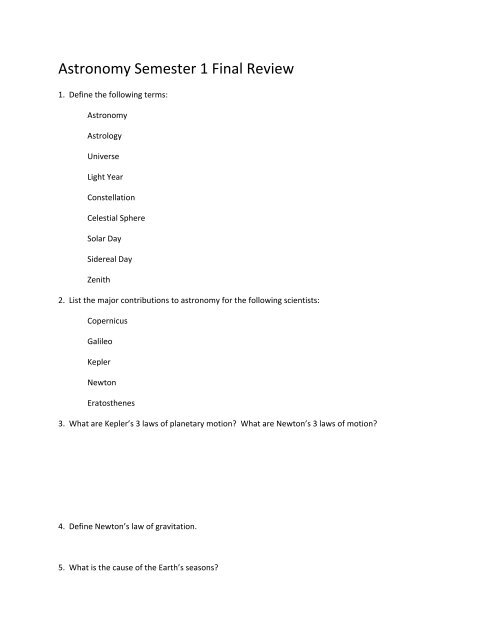 Astronomy Semester 1 Final Review - Arapahoe High School