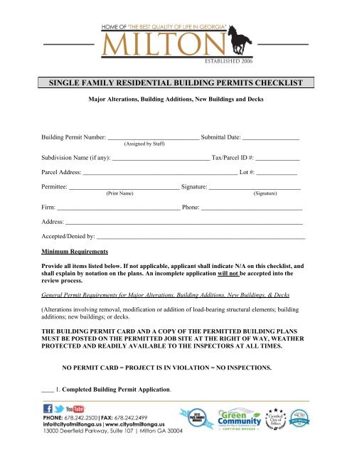 single family residential building permits checklist - City of Milton