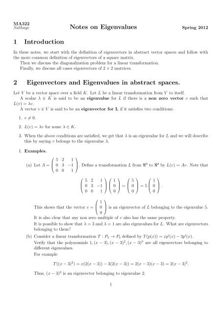 Notes On Eigenvalues 1 Introduction 2 Eigenvectors And