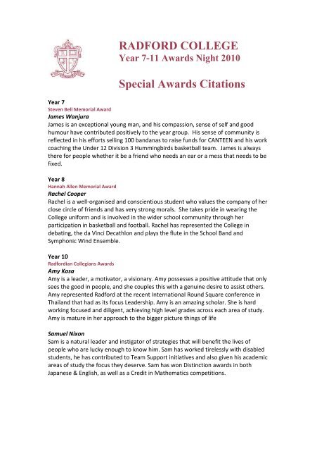 RADFORD COLLEGE Special Awards Citations