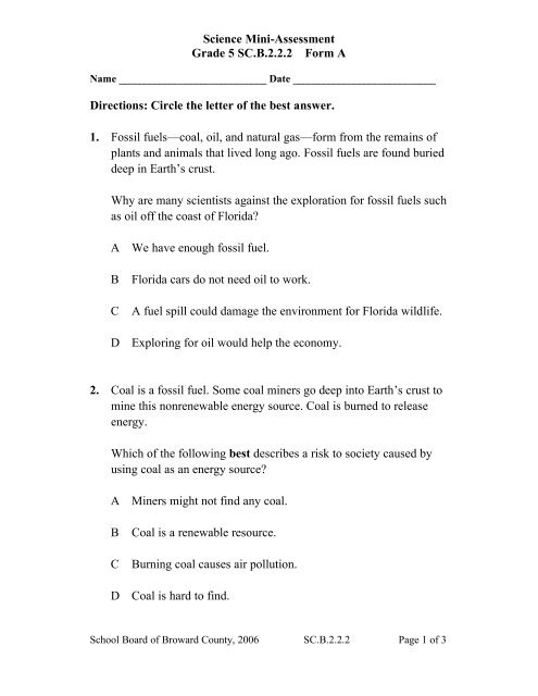 Science Mini-Assessment Grade 5 SC.B.2.2.2 Form A Directions ...