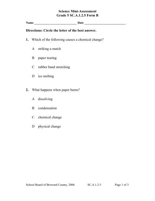 Science Mini-Assessment Grade 5 SC.A.1.2.5 Form B Directions ...
