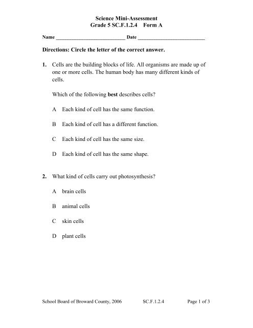 5th Grade Test On Cells