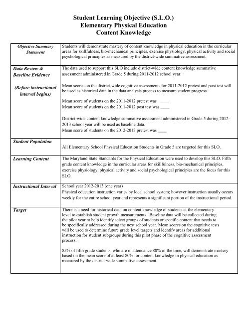 (SLO) Elementary Physical Education Content Knowledge
