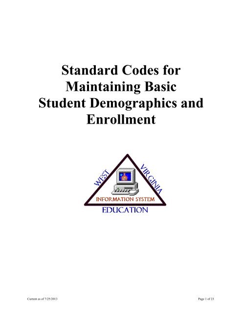 Codes for Basic Student Demographics and Enrollment ... - wveis