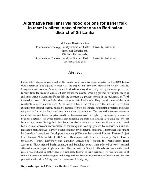 Alternative resilient livelihood option for fisher-folks tsunami victims