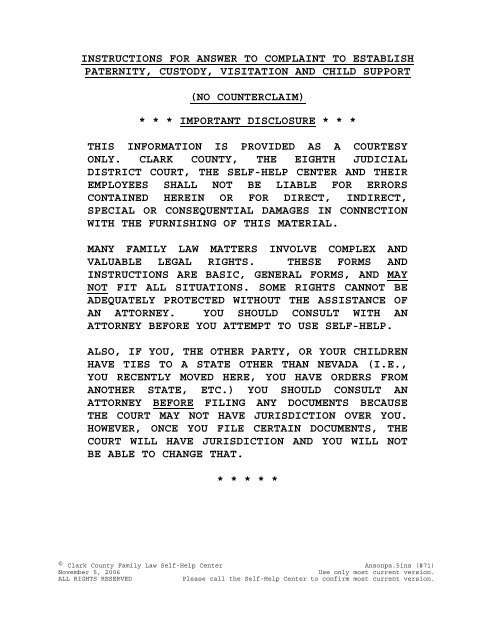 instructions for answer to complaint to establish paternity, custody ...