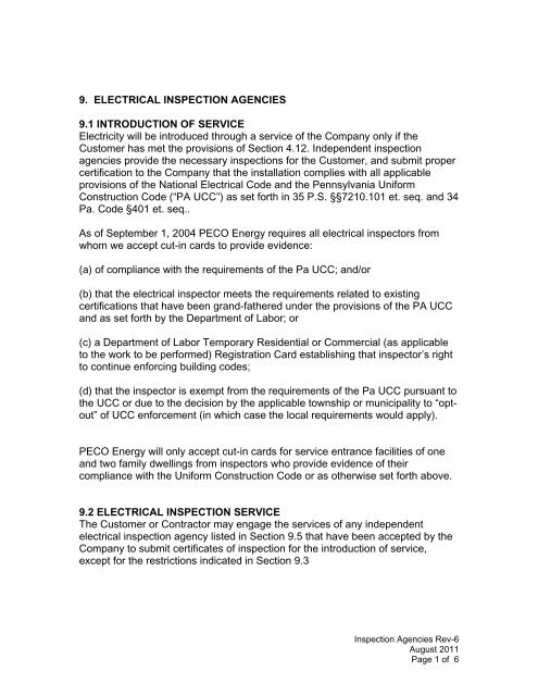 9. ELECTRICAL INSPECTION AGENCIES 9.1 ... - PECO