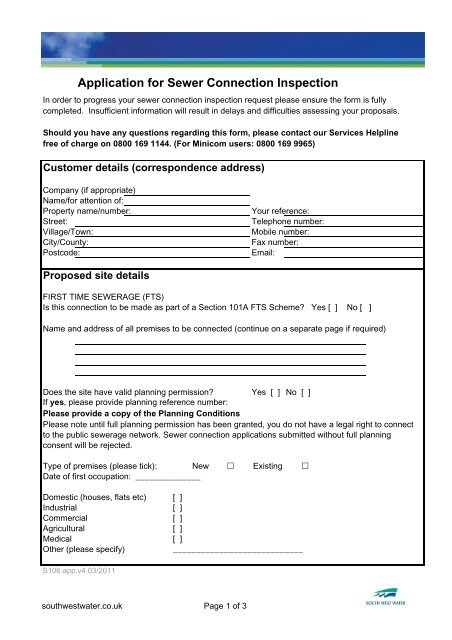 Application for Sewer Connection Inspection - South West Water