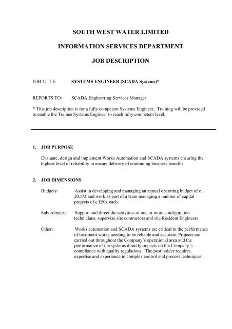 job description for systems engineer (ica) - South West Water