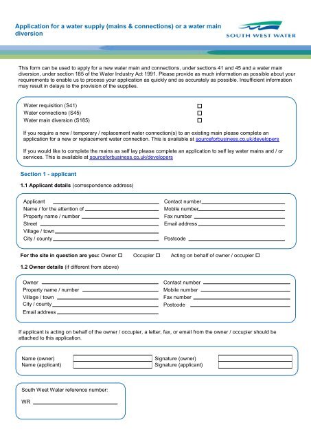 Application for a water supply (mains ... - South West Water