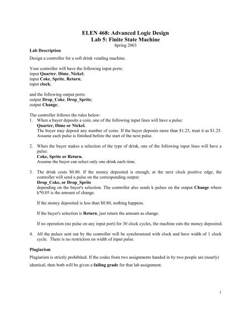 ELEN 468: Advanced Logic Design Lab 5: Finite State Machine