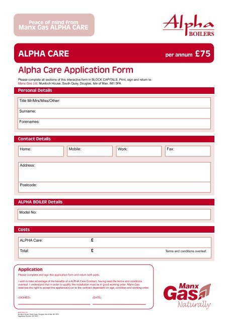 Alpha Care Application Form ALPHA CARE - Manx Gas