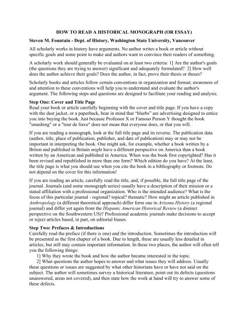 HOW TO READ A HISTORICAL MONOGRAPH (OR ESSAY) - WSU ...