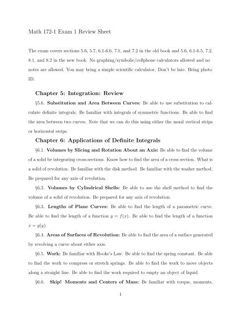 Math 172-1 Exam 1 Review Sheet Chapter 5: Integration - WSU ...