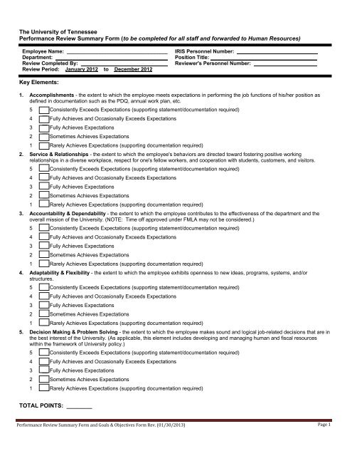 The University of Tennessee Performance Review Summary Form ...
