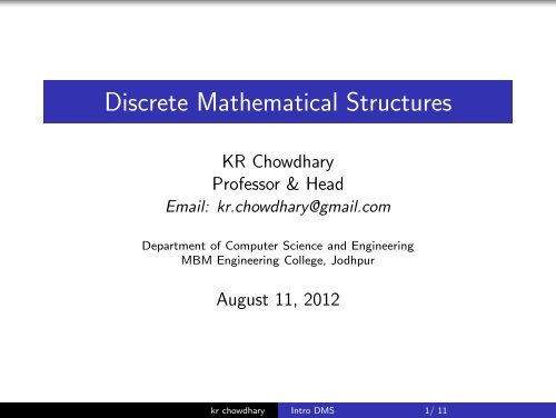 Discrete Mathematical Structures - Prof. KR Chowdhary, Ph.D.