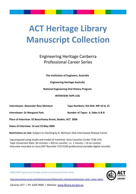 ACT Heritage Library Manuscript Collection - Libraries ACT