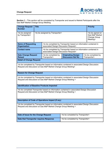 Change Request Form template (PDF, 38Kb) - Bord Gais Networks